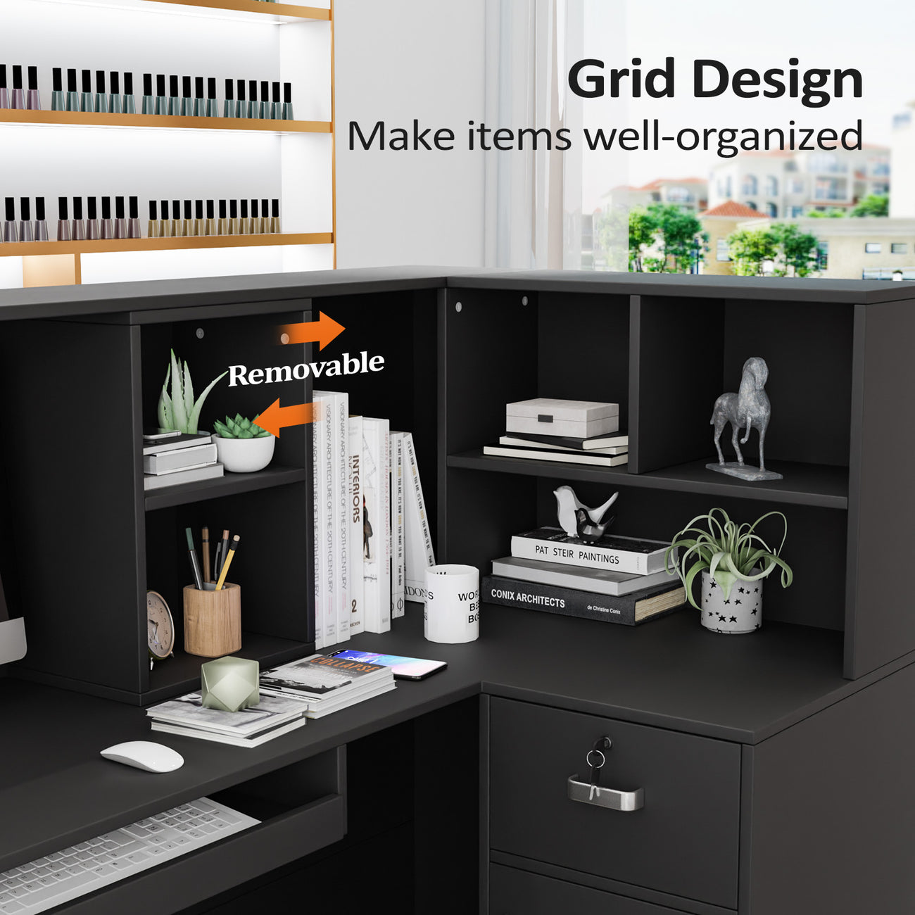 OmySalon Reception Desk Computer Workstation with Removable Grid and L