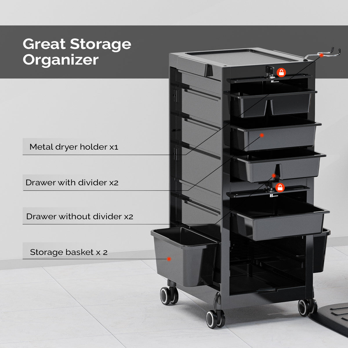 OmySalon ST1802 Rolling Salon Trolley Cart w/Wheels & 2 Lockable Doors
